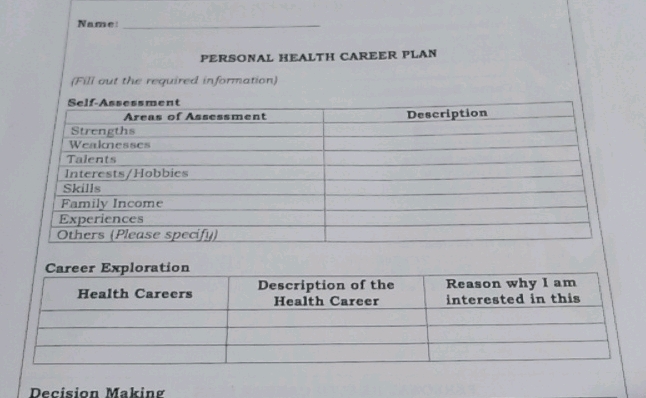 Name PERSONAL HEALTH CAREER PLAN (Fill out | StudyX