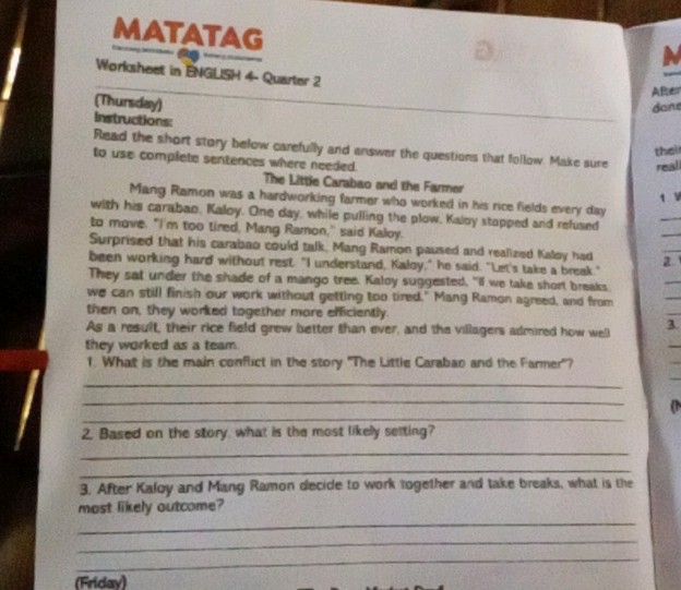 MATATAG Worksheet in ENGLISH 4- Quarter 2 | StudyX