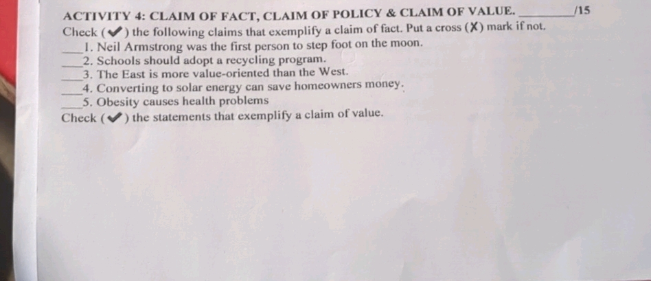 ACTIVITY 4 CLAIM OF FACT CLAIM OF POLICY | StudyX