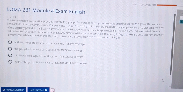 Assessment progress LOMA 281 Module 4 Exam | StudyX