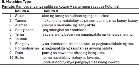 II Matching Type Panuto Itambal ang mga | StudyX