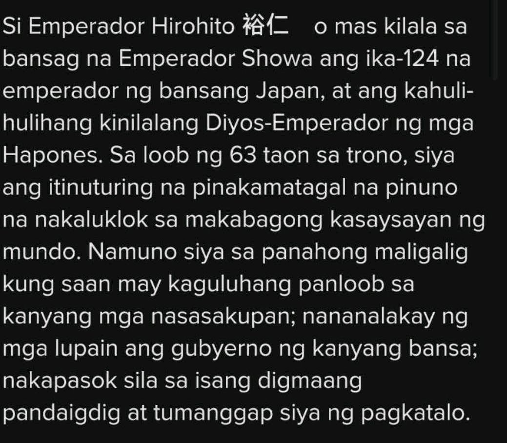 Si Emperador Hirohito o mas kilala sa bansag | StudyX