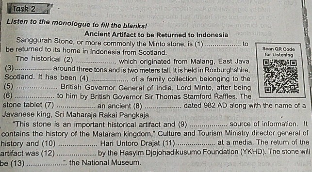 Task 2 Listen to the monologue to fill the | StudyX