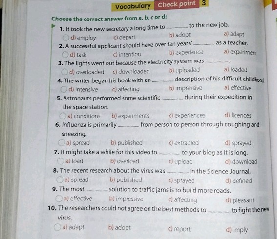 Vocabulary check point 3 Choose the correct | StudyX