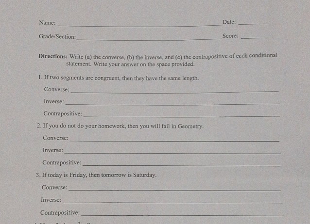 Name Date Grade/Section Score Directions | StudyX