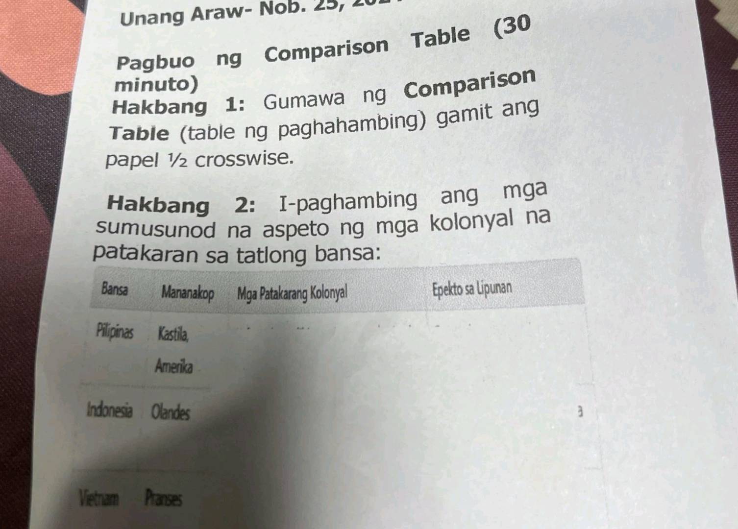 Unang Araw- Nob 25 Pagbuo ng Comparison | StudyX