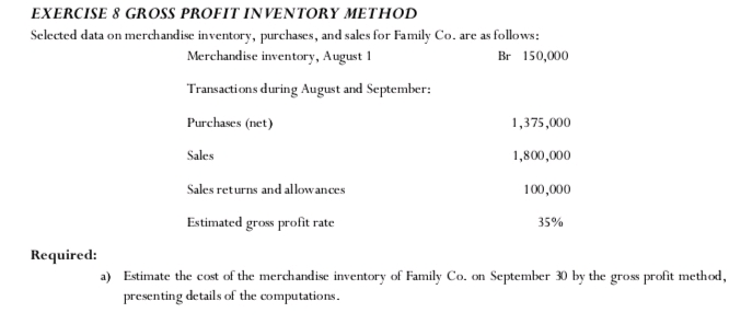 EXERCISE 8 GROSS PROFIT INVENTORY METHOD | StudyX