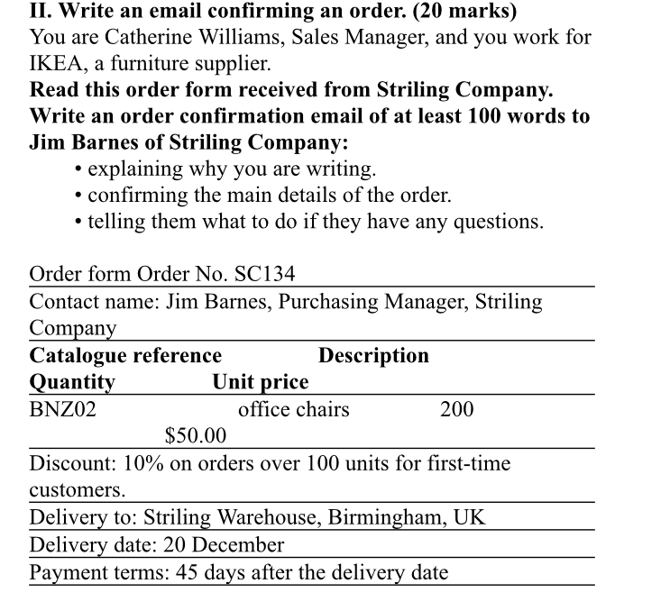 II Write an email confirming an order (20 | StudyX