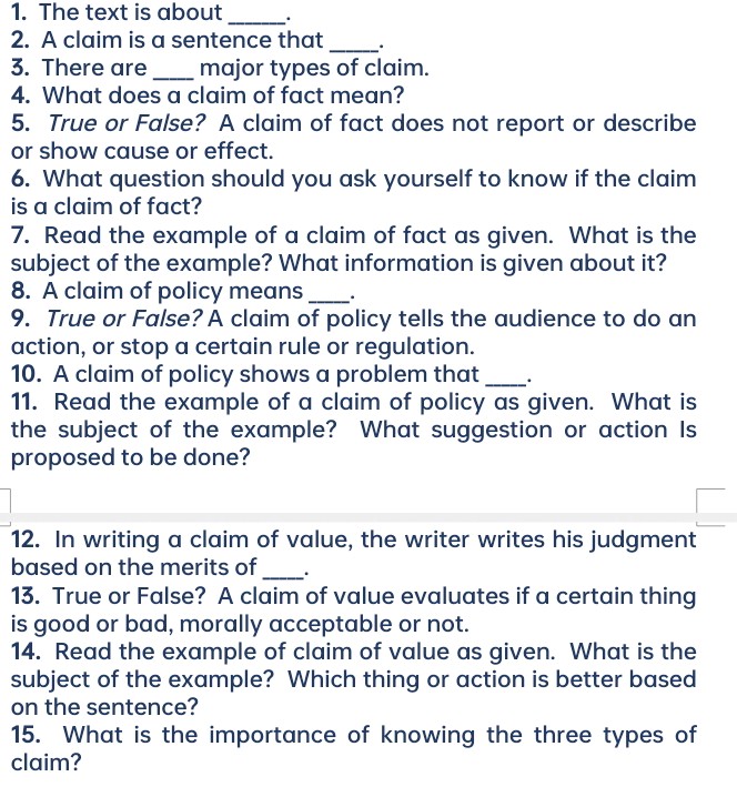 1 The text is about 2 A claim is a sentence | StudyX
