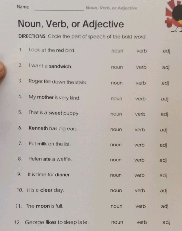 Noun Verb or Adjective DIRECTIONS Circle the | StudyX