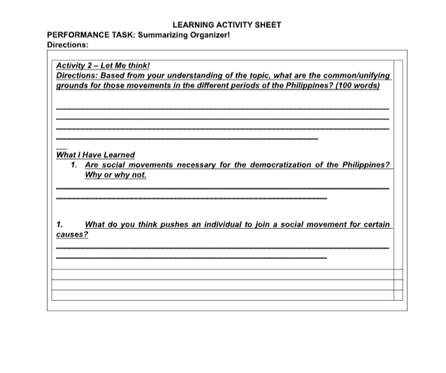 LEARNING ACTIVITY SHEET PERFORMANCE TASK | StudyX