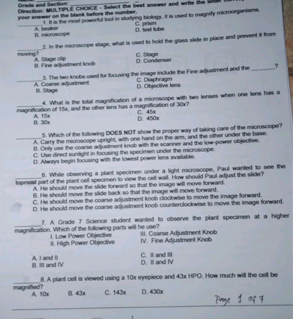 Grade and Section Direction MULTIPLE CHOICE | StudyX