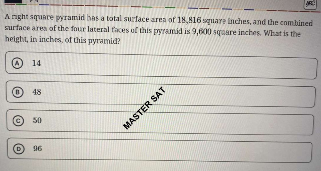 A right square pyramid has a total surface | StudyX