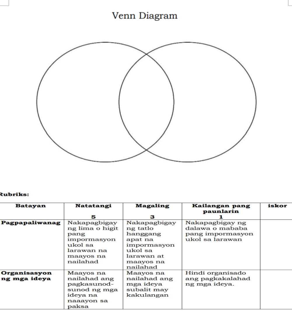 Venn Diagram Rubriks Batayan Natatangi 5 | StudyX