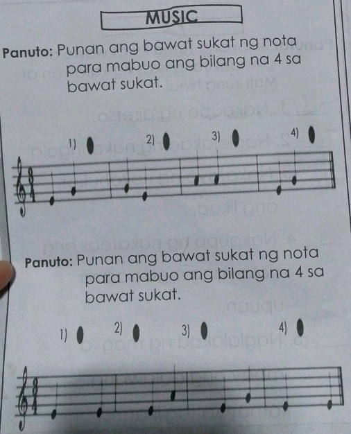 MUSIC Panuto Punan ang bawat sukat ng nota | StudyX
