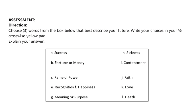 ASSESSMENT Direction Choose (3) words from | StudyX