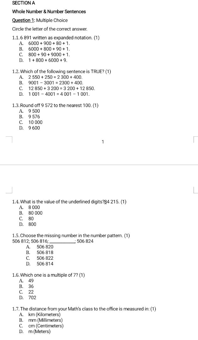 SECTION A Whole Number Number Sentences | StudyX
