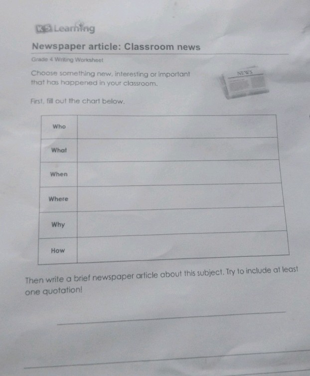 Newspaper article Classroom news Grade 4 | StudyX
