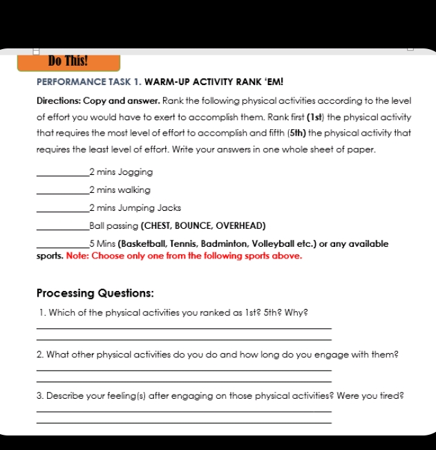PERFORMANCE TASK 1 WARM-UP ACTIVITY RANK EM | StudyX