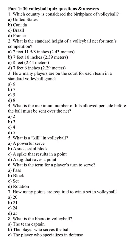 Part 1 30 volleyball quiz questions answers | StudyX