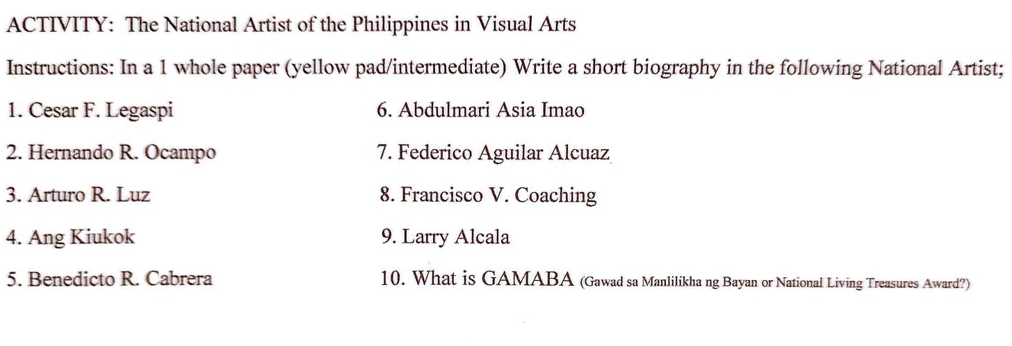 ACTIVITY The National Artist of the | StudyX