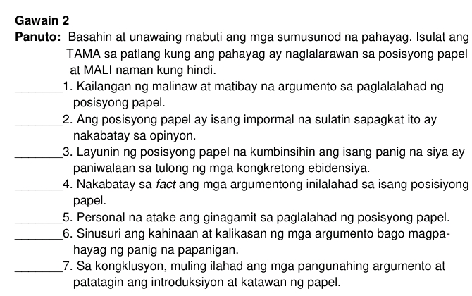 Gawain 2 Panuto Basahin at unawaing mabuti | StudyX