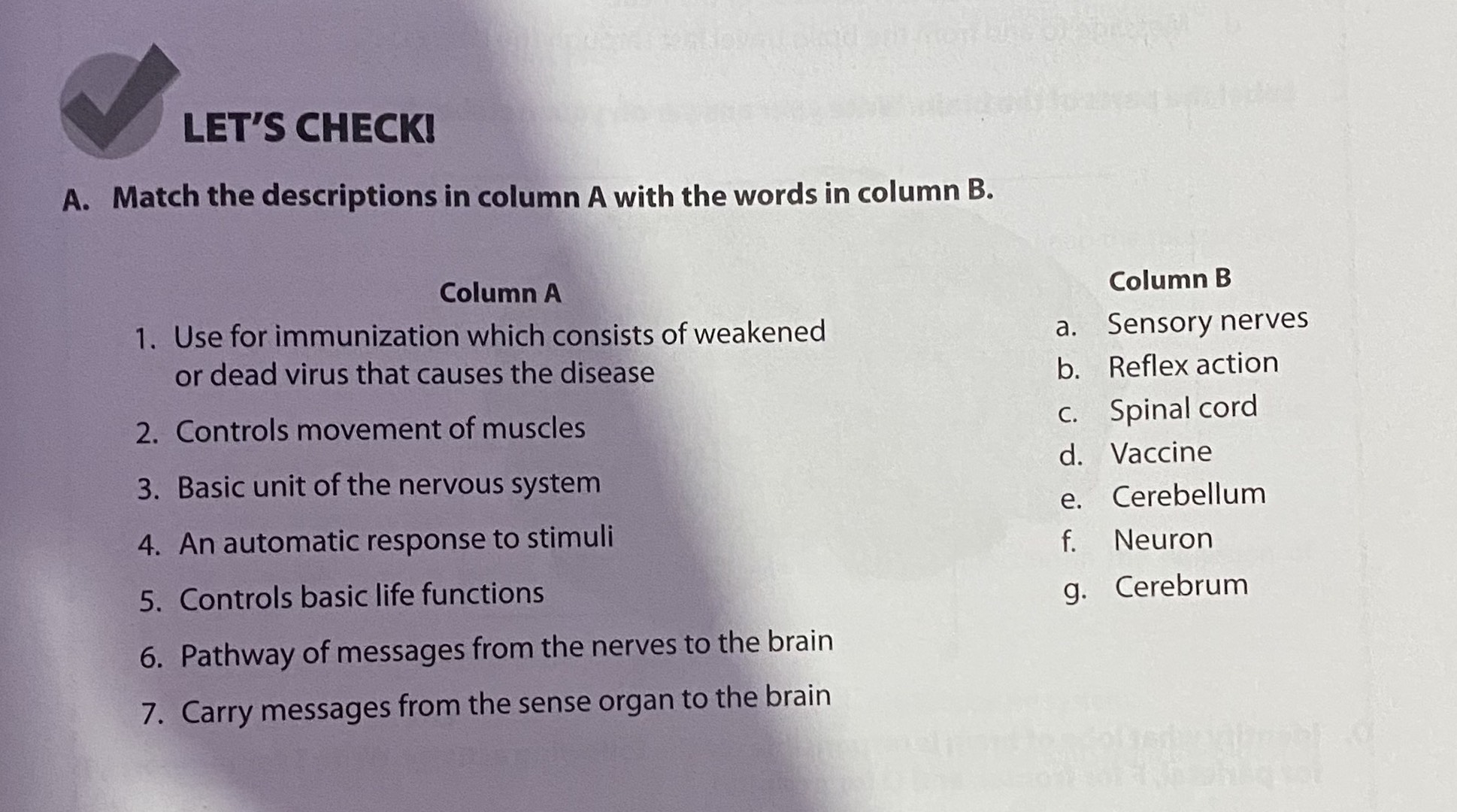 LETS CHECK A Match the descriptions in | StudyX