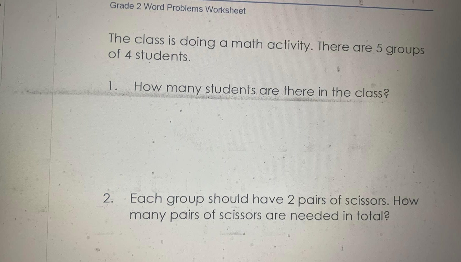 Grade 2 Word Problems Worksheet The class is | StudyX
