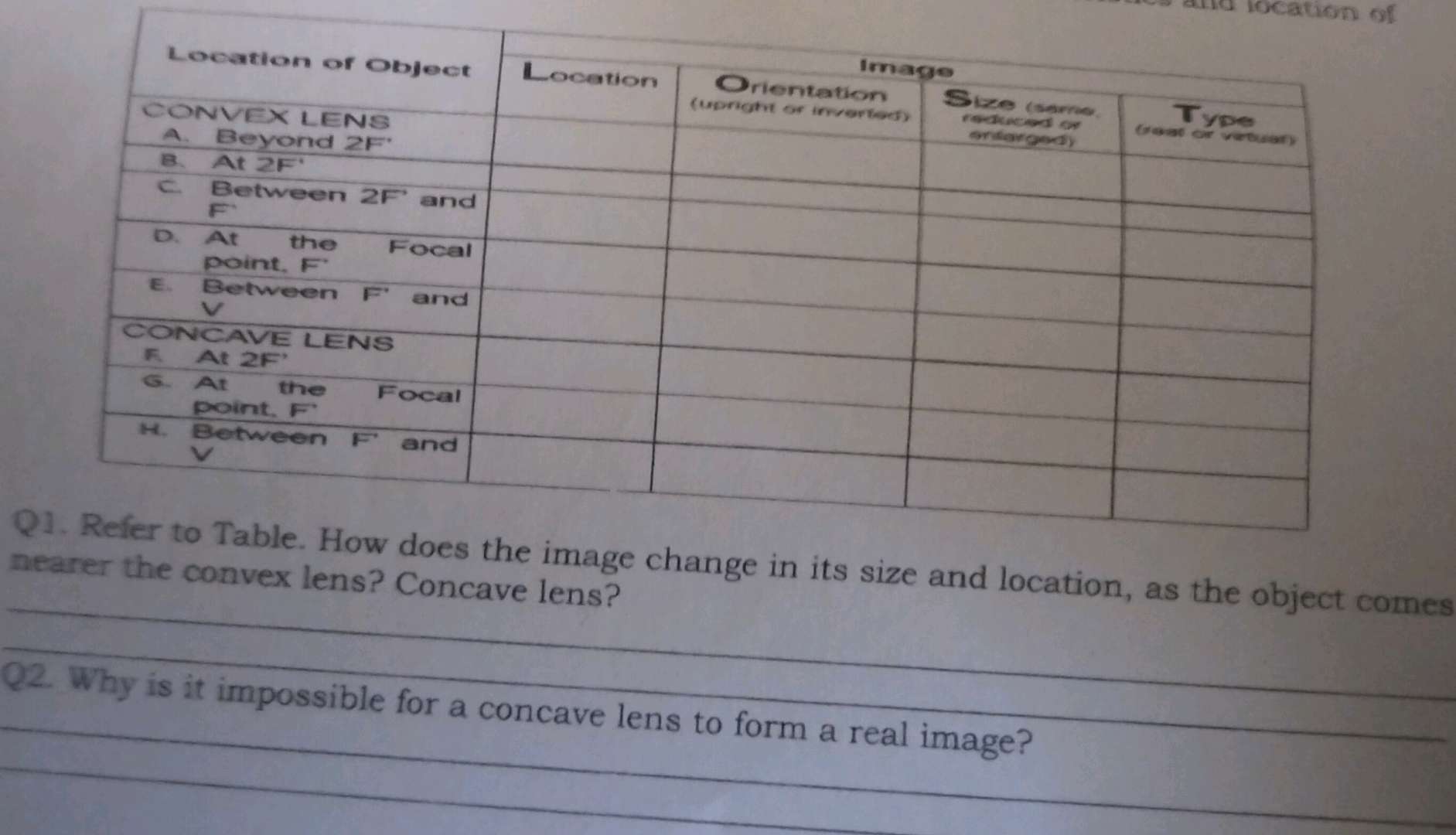 Location of Object CONVEX LENS A Beyond 2F B | StudyX
