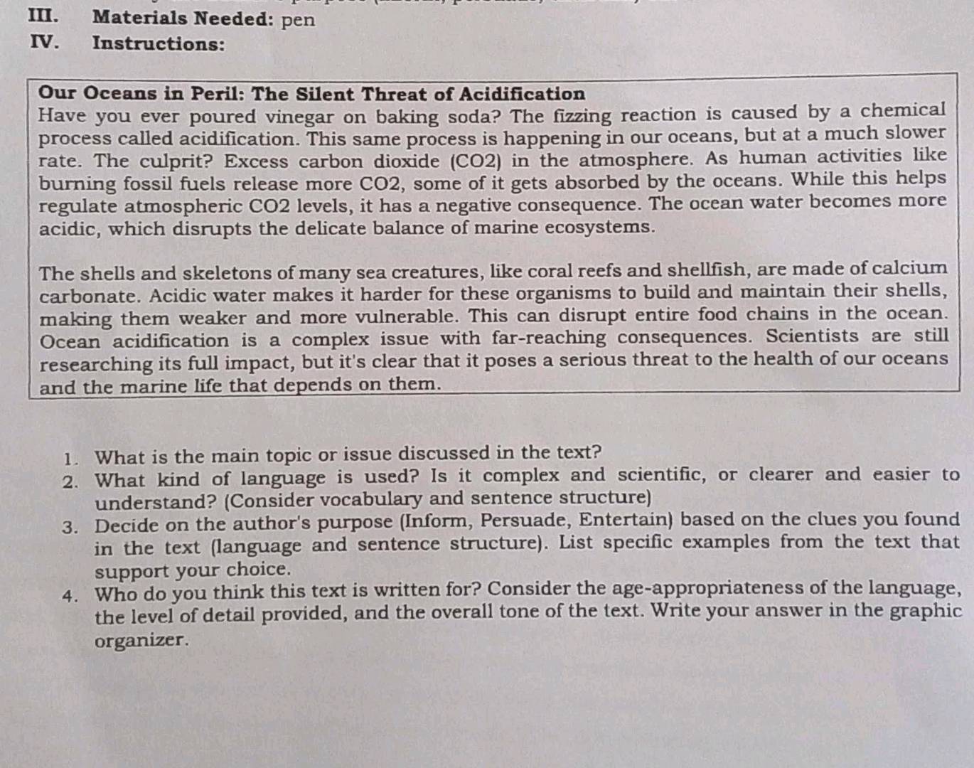 III Materials Needed pen IV Instructions Our | StudyX
