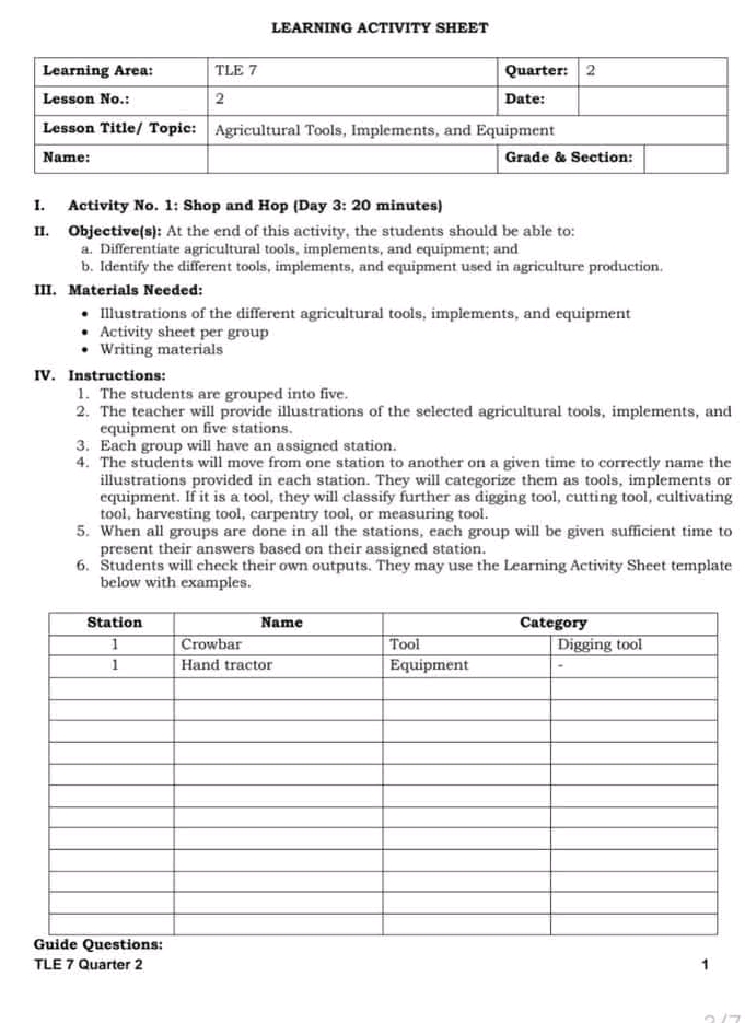 Learning Area TLE 7 Lesson No 2 LEARNING | StudyX