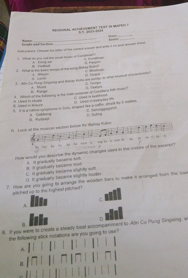 REGIONAL ACHIEVEMENT TEST IN MAPEH 7 SY | StudyX