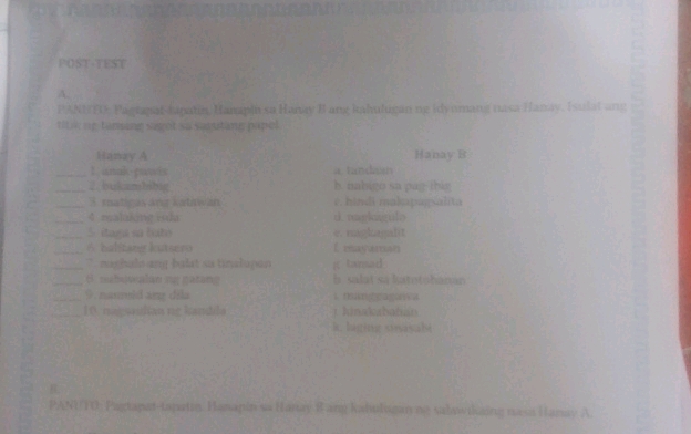 PANUTO Pagtambalin ang Hanay A at Hanay B | StudyX