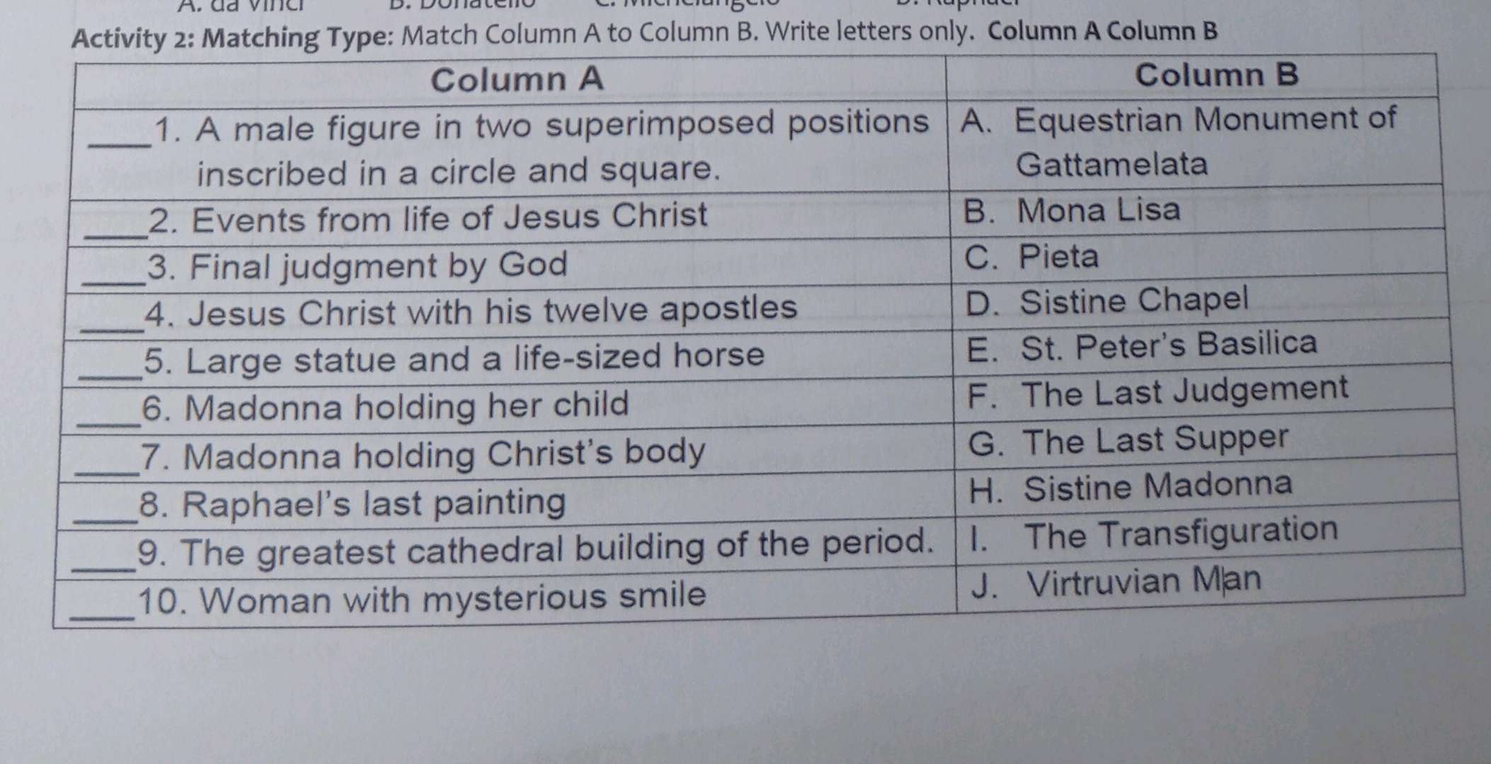 Activity 2 Matching Type Match Column A to | StudyX