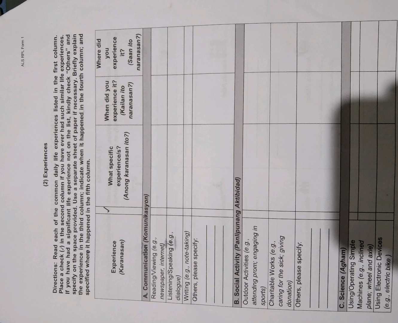 ALS RPL Form 1 (2) Experiences Directions | StudyX