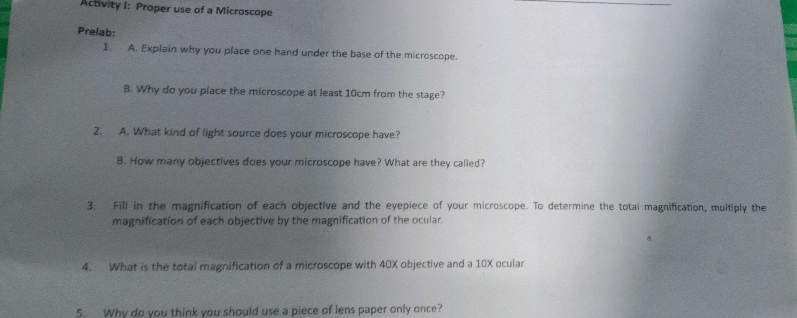 Activity I Proper use of a Microscope Prelab | StudyX
