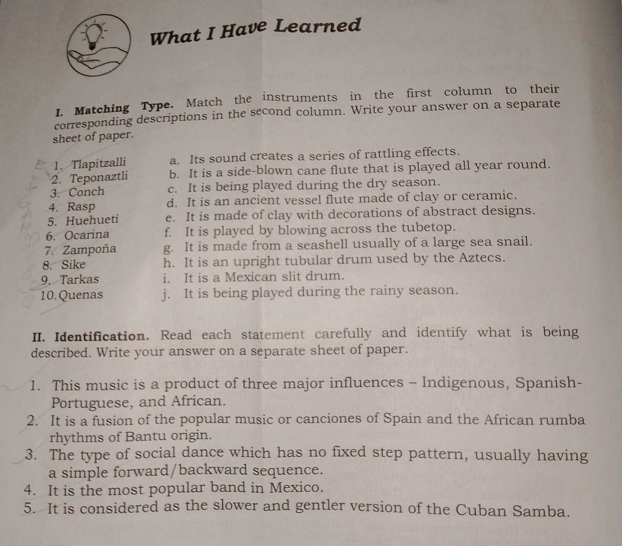 What I Have Learned I Matching Type Match | StudyX