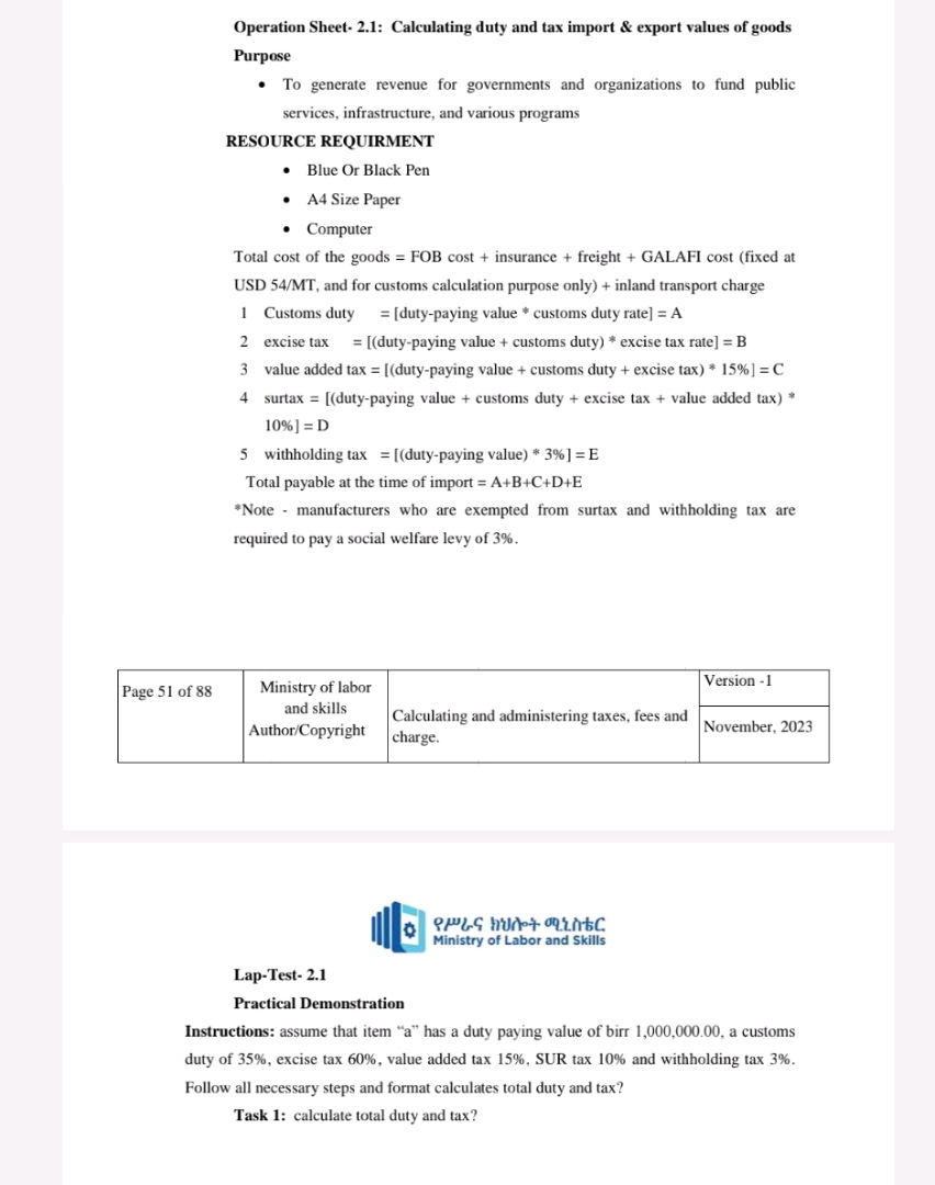 Operation Sheet- 21 Calculating duty and tax | StudyX