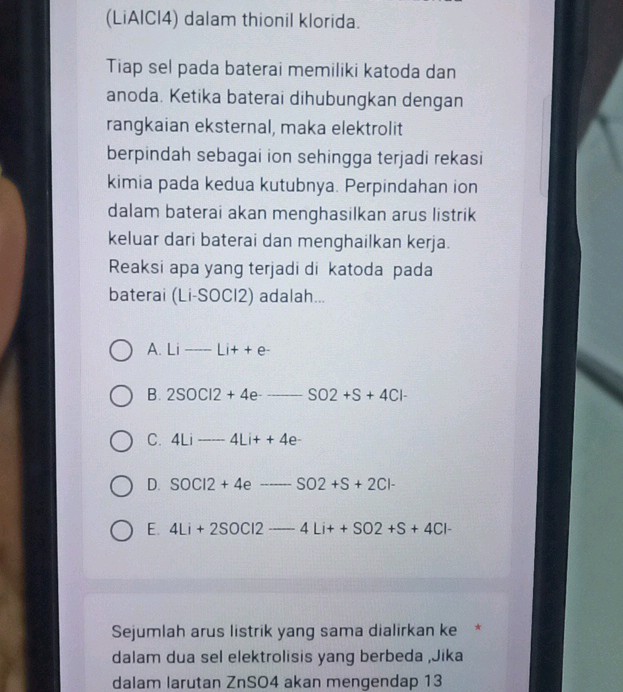 (LIAICI4) dalam thionil klorida Tiap sel | StudyX