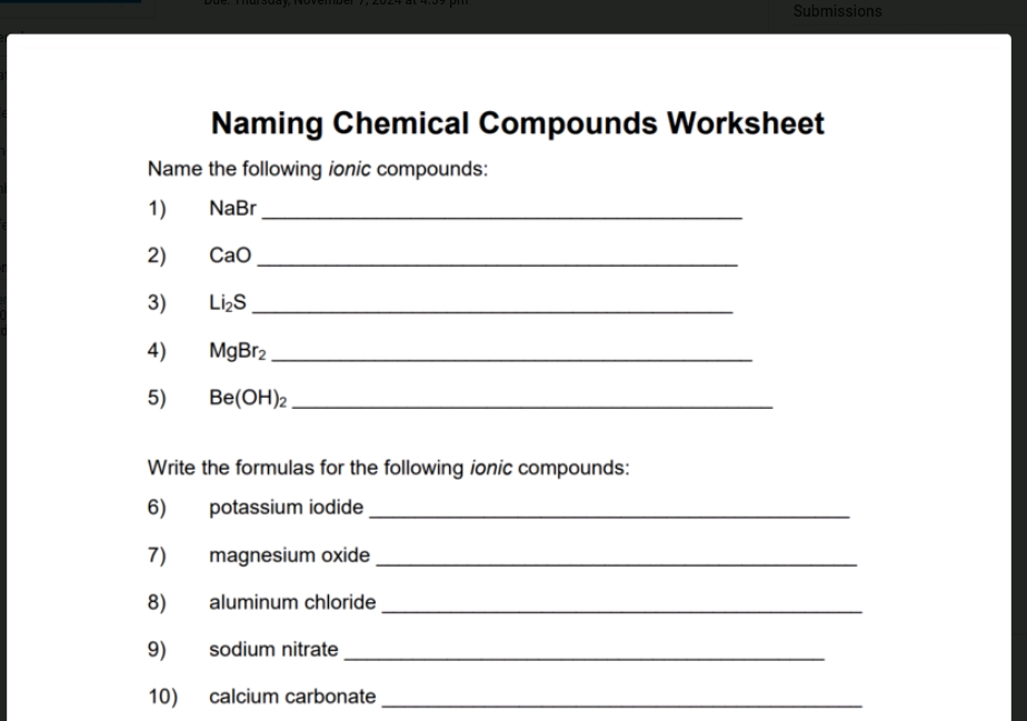 Naming Chemical Compounds Worksheet Name the