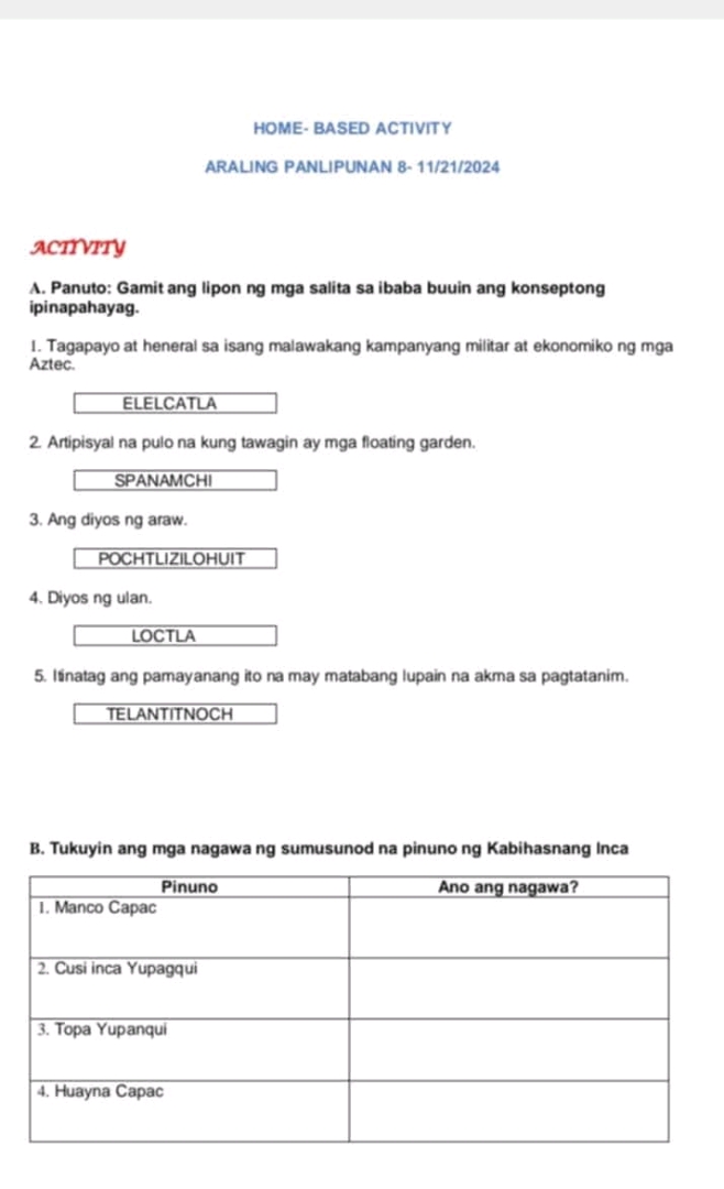 HOME-BASED ACTIVITY ARALING PANLIPUNAN | StudyX