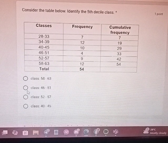 Consider the table below Identify the 5th | StudyX