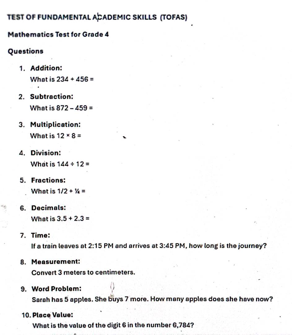 TEST OF FUNDAMENTAL AEADEMIC SKILLS (TOFAS)