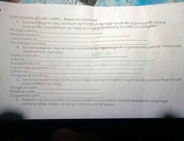 PERFORMANCE TASK GMRC Ilagay sa notebook A | StudyX