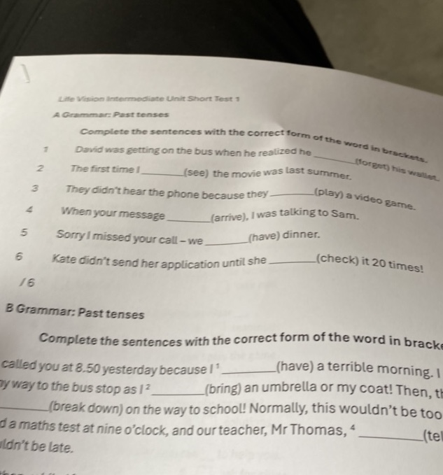 Life Vision Intermediate Unit Short Test 1 A | StudyX