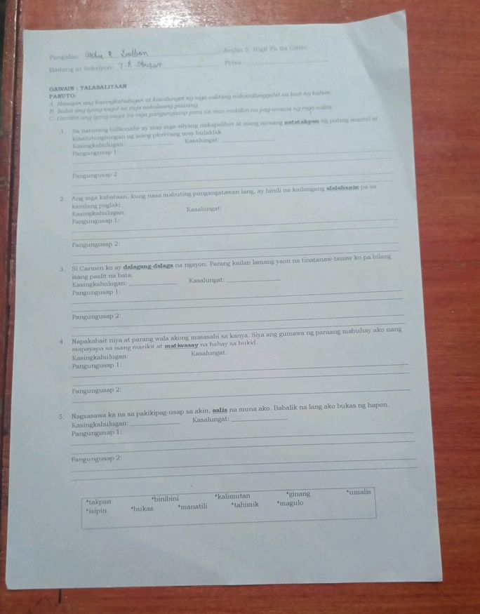 Pangalan Baitang at Seksyon GAWAIN | StudyX