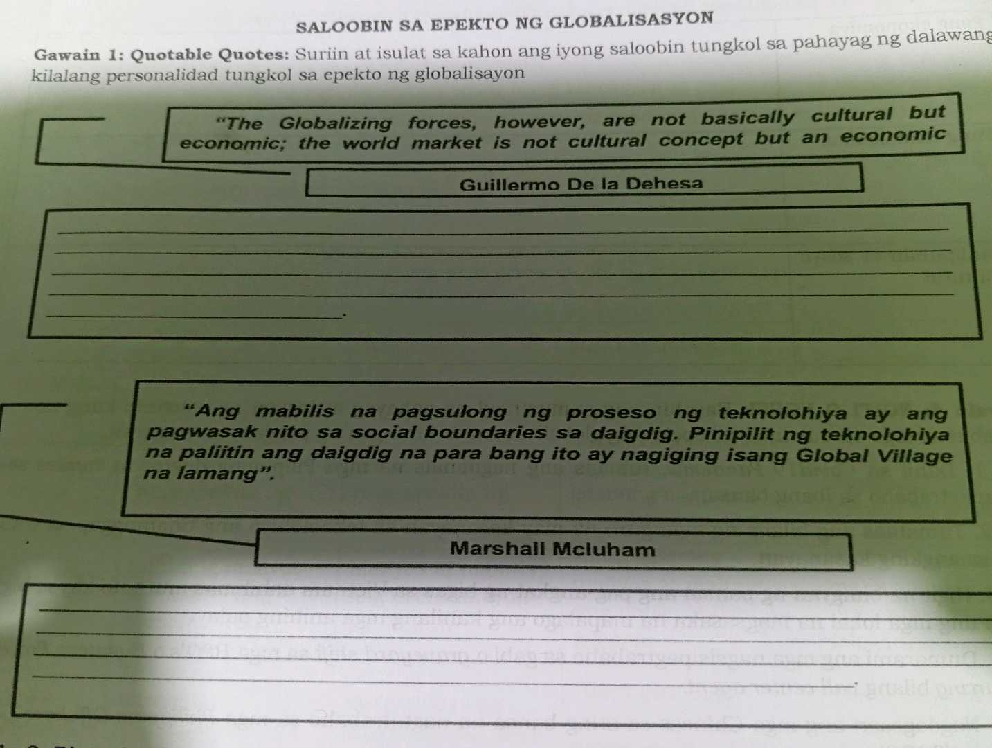 SALOOBIN SA EPEKTO NG GLOBALISASYON Gawain 1 | StudyX