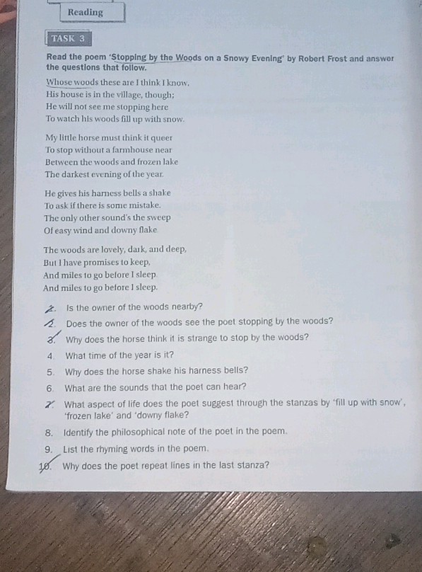 Reading TASK 3 Read the poem Stopping by the | StudyX