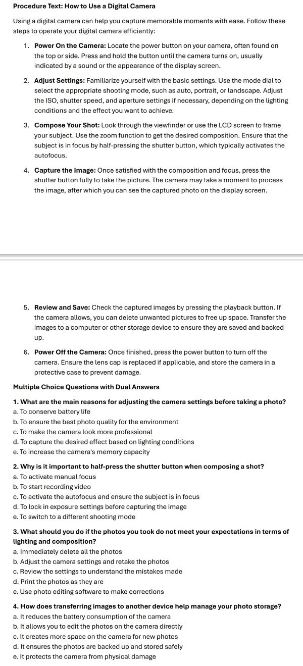 Procedure Text How to Use a Digital Camera | StudyX