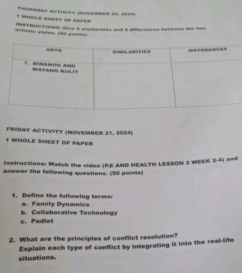 THURSDAY ACTIVITY (NOVEMBER 20 2024) 1 WHOLE | StudyX